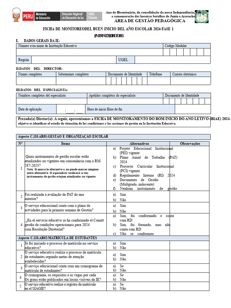 Ficha de Monitoramento Biae Regional 2024 - Fase 1 Final Diretores | PDF
