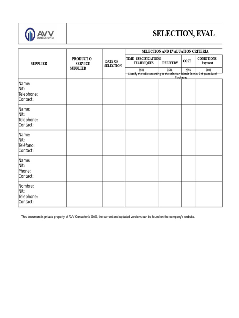 6 - Supplier Selection, Evaluation and Reevaluation Format.xlsx | PDF | Business