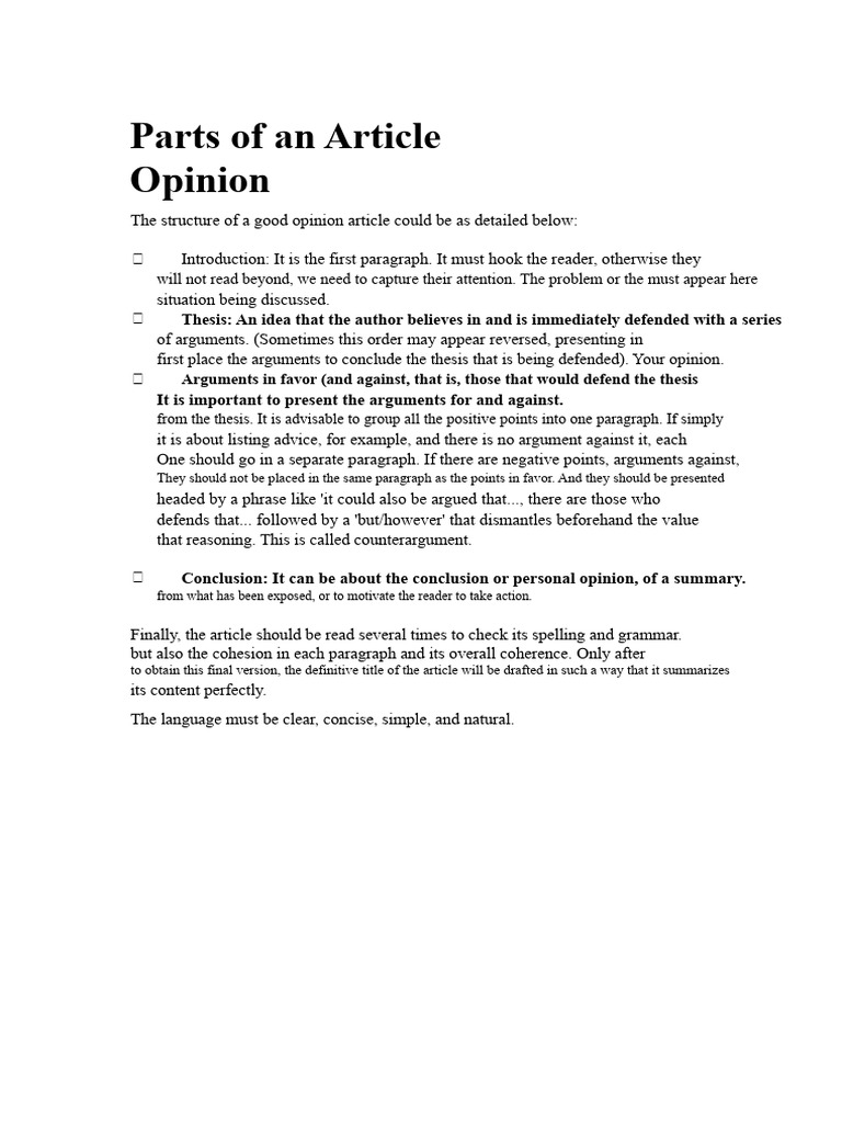 Parts of An Opinion Article | PDF | Subject (Grammar) | Sentence ...
