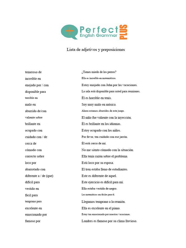 Lista larga de adjetivos y preposiciones | PDF