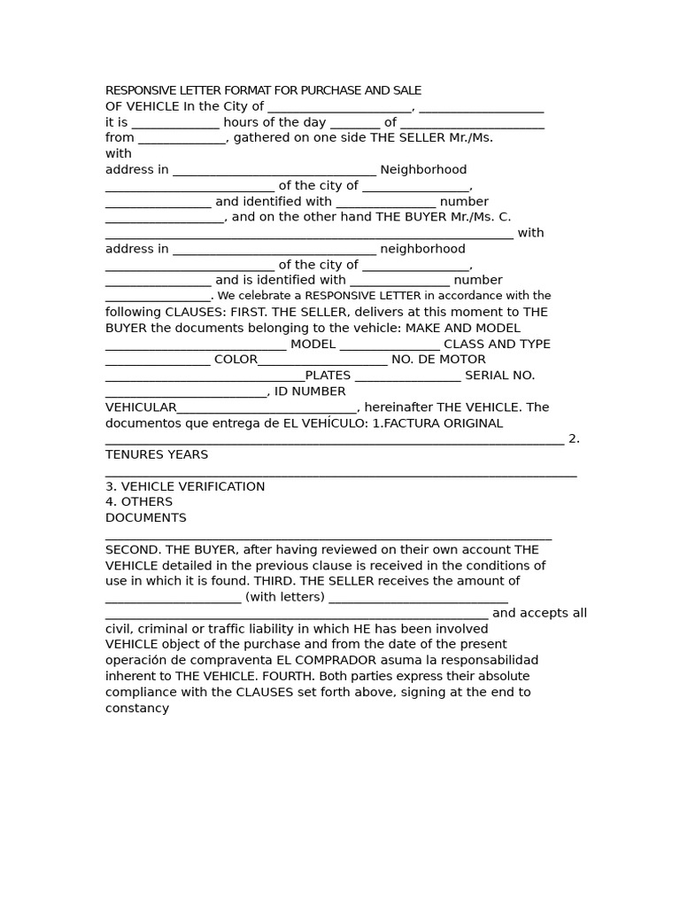 Responsibility Letter Format For Vehicle Purchase Agreement | PDF