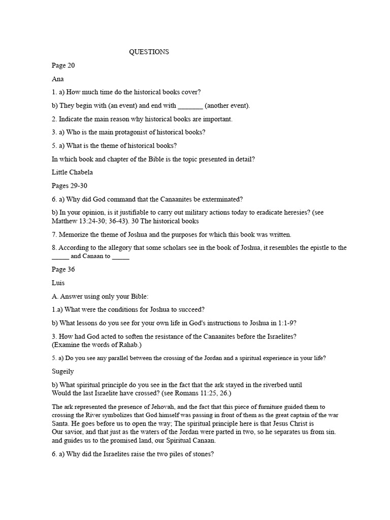 Historical Books Questionnaire | PDF | Joshua | Jesus