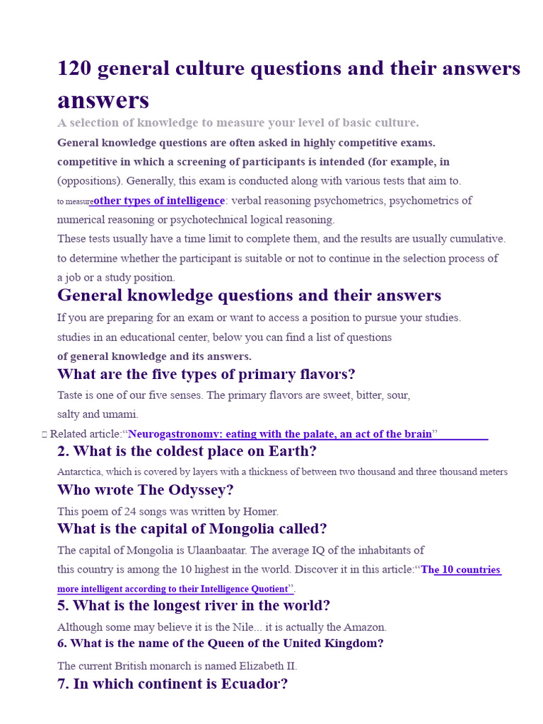 120 General Knowledge Questions and Their Answers | PDF | Taste