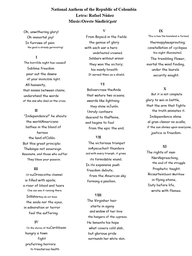 Colombia's National Anthem Lyrics | PDF