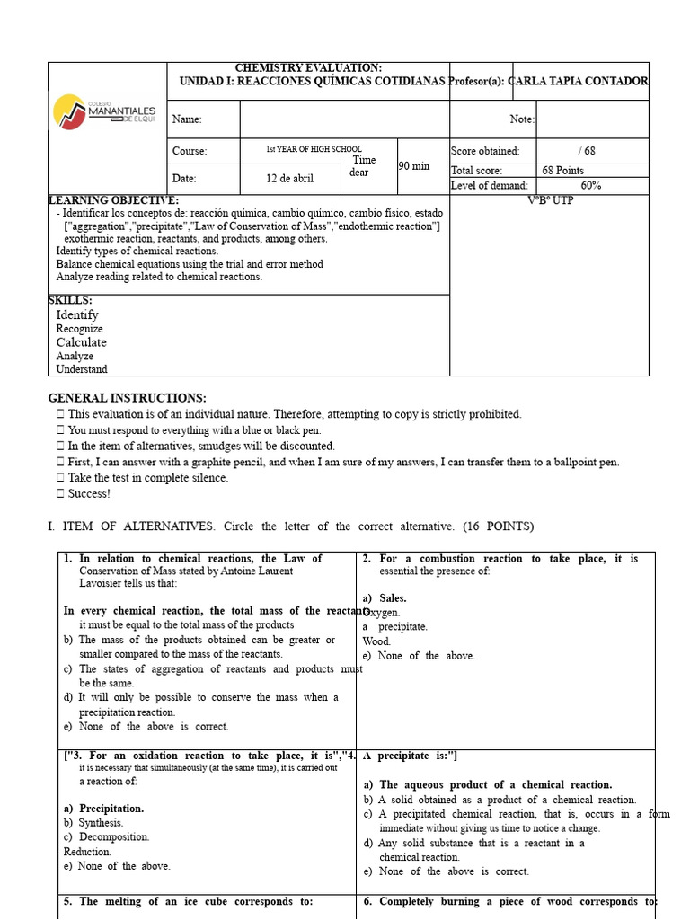 CHEMISTRY TEST UNIT I DAILY CHEMICAL REACTIONS | PDF | Chemical ...