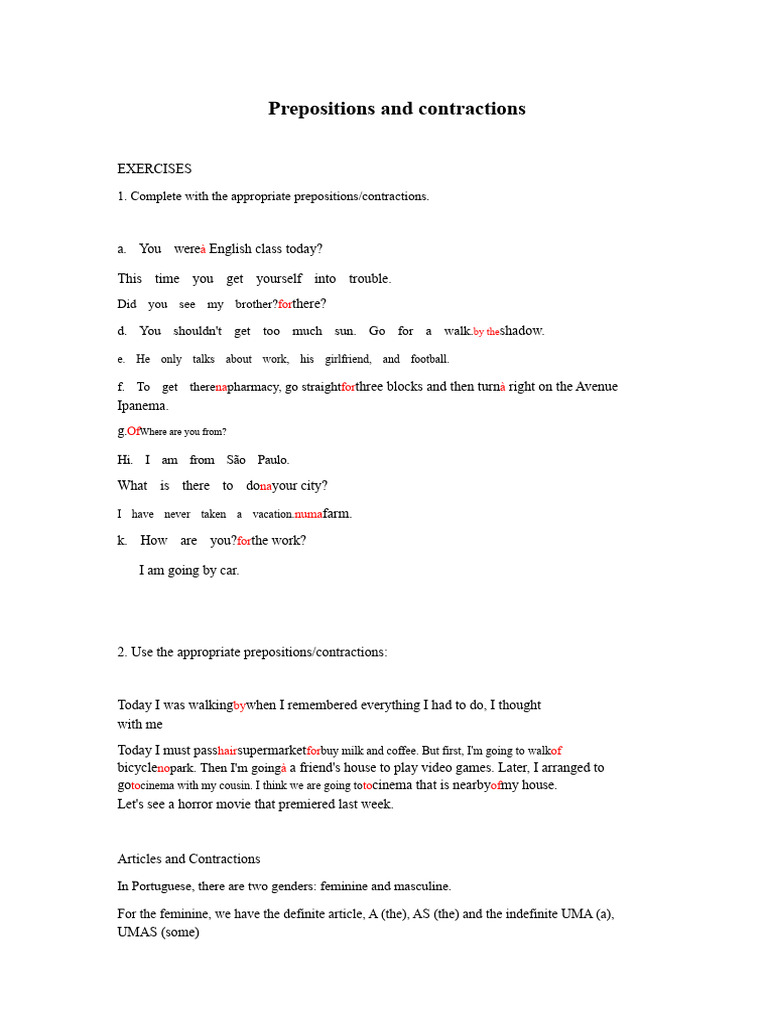 Prepositions and Contractions Exercises | PDF | Portuguese Language ...