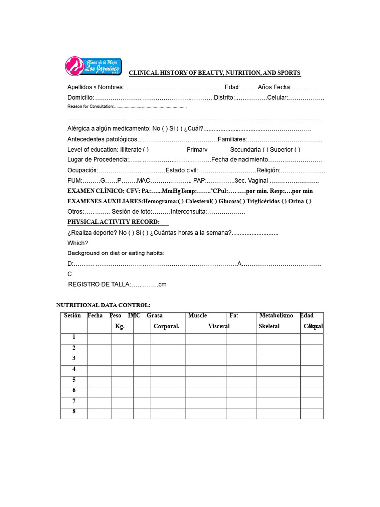 Nutrition Clinical History Model | PDF | Nutrition | Diet & Nutrition