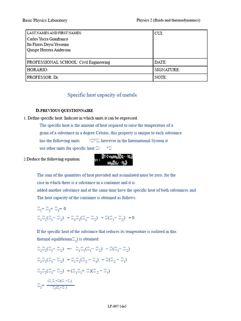 SPECIFIC HEAT CAPACITY OF METALS (Version2) | PDF | Heat | Temperature