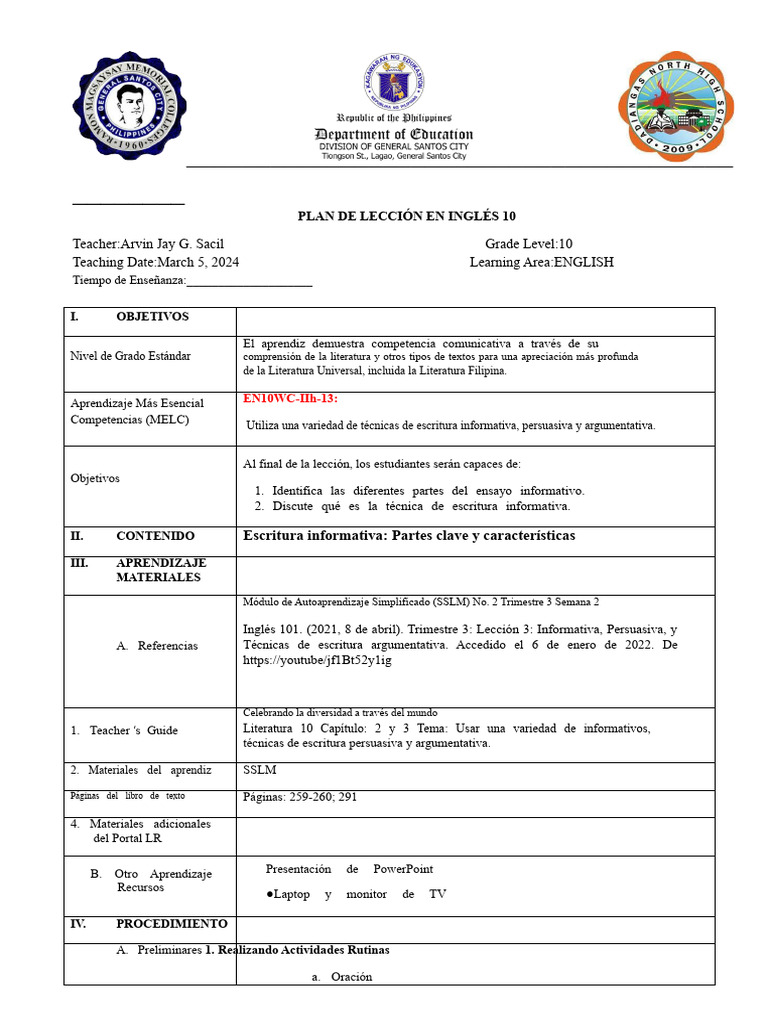 Plan de Lección de Escritura Informativa | PDF | Ensayos | Comunicación ...
