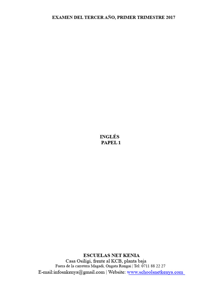 Examen de Inglés Papel 1 Formulario 3 Primer Trimestre 2017 | PDF