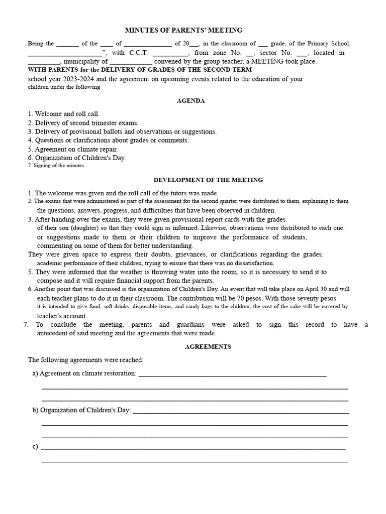 Parents' Meeting Minutes: Grades & Events | PDF