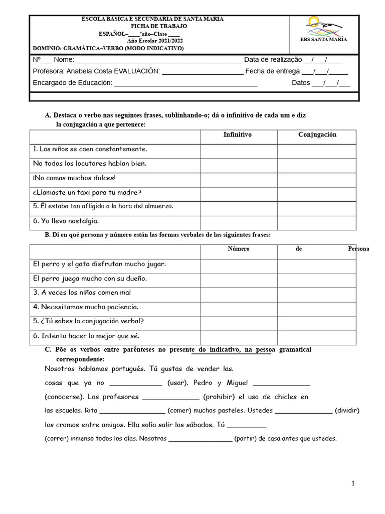 Ficha Verbos Modo Indicativo 5º Año | PDF | Verbo | Conjugación gramatical