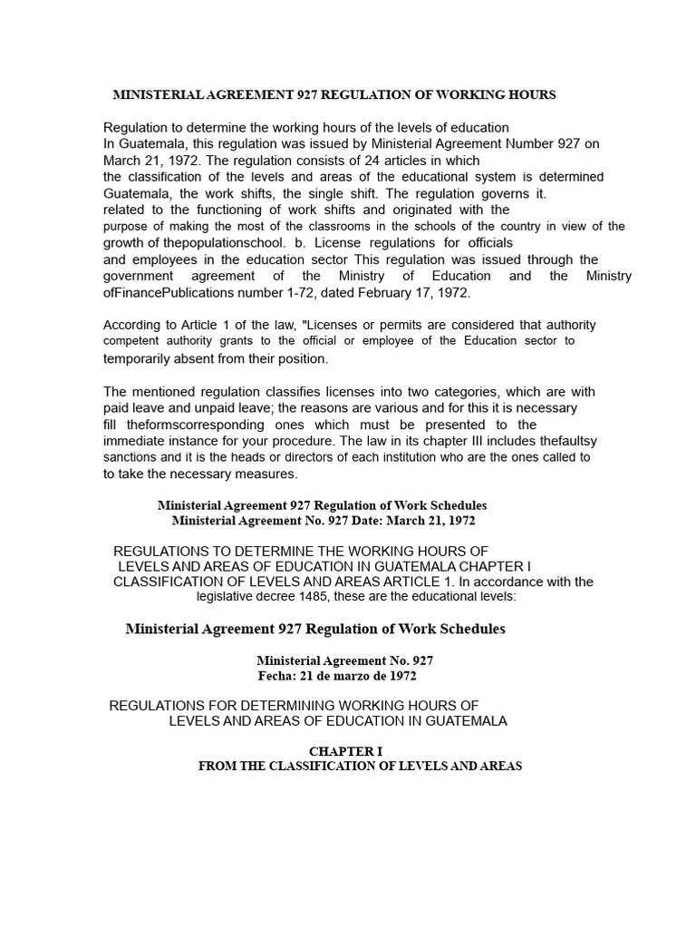 Ministerial Agreement 927 Regulation on Work Schedules | PDF ...