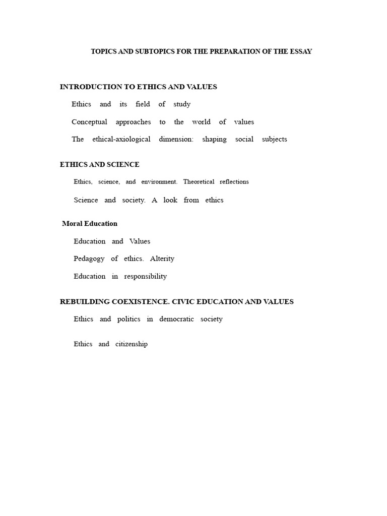Topics and Subtopics For The Writing of The Essay | PDF