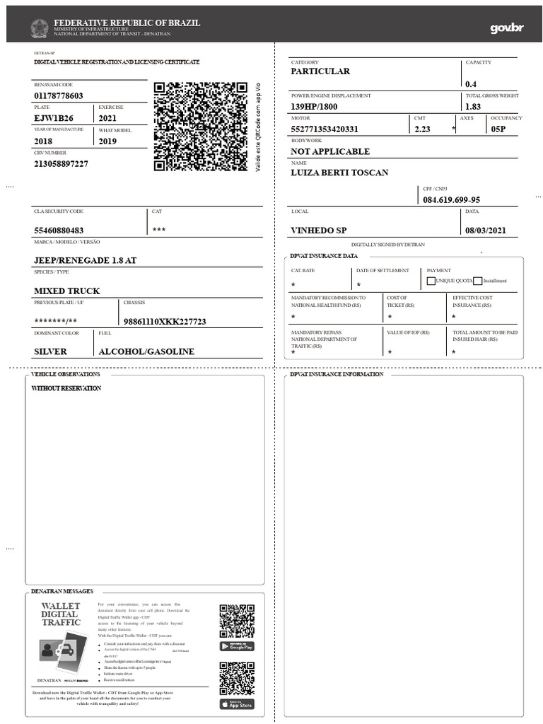 CRLV EJW1B26 1643384283370 | PDF | Road Transport | Land Transport