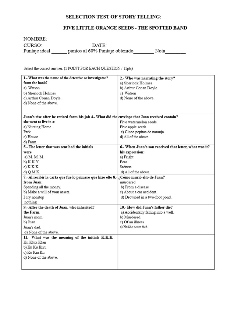 Storytelling Selection Test: Five Orange Seeds | PDF | Dr. Watson ...