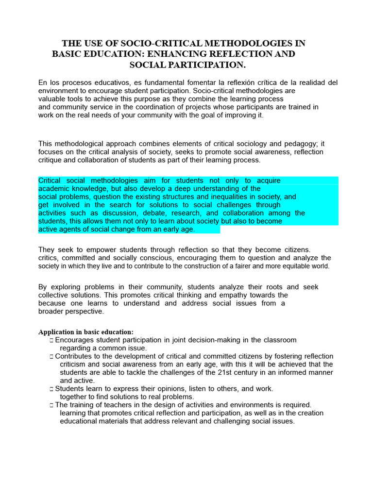 THE USE OF SOCIOCRITICAL METHODOLOGIES IN BASIC EDUCATION | PDF ...