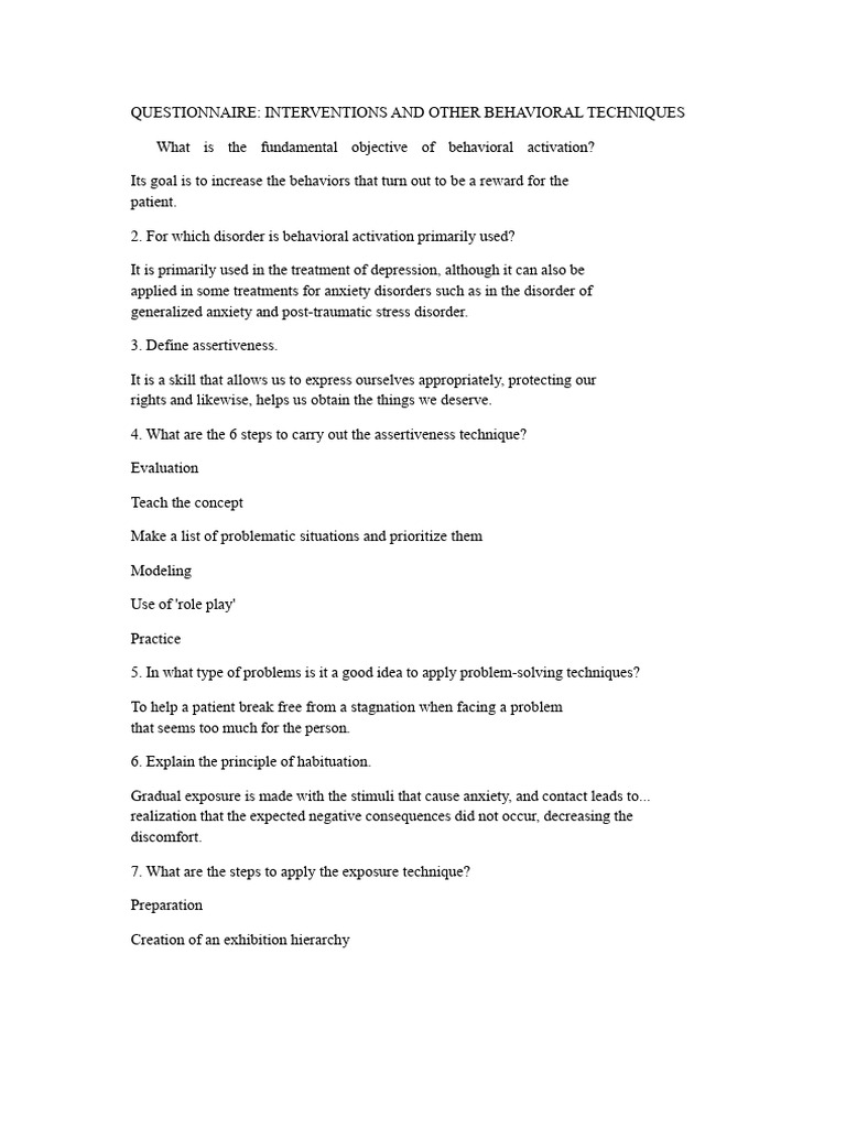 QUESTIONNAIRE Other Behavioral Techniques | PDF