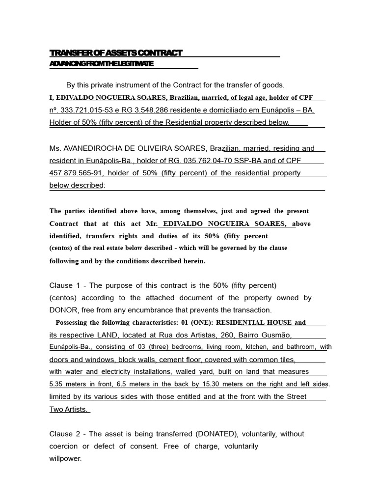CONTRACT FOR THE TRANSFER OF ASSETS IN ADVANCE OF LEGITIMATE | PDF
