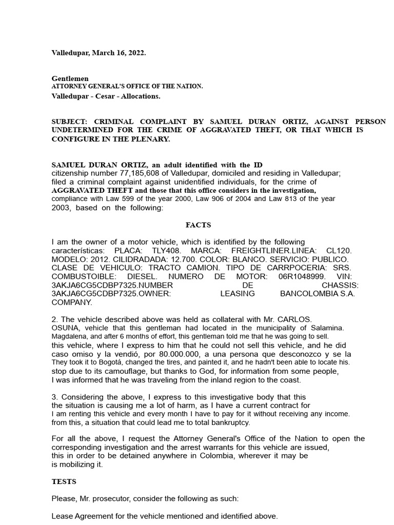 Criminal Complaint For Vehicle Theft - Friend Jesus. | PDF | Justice ...