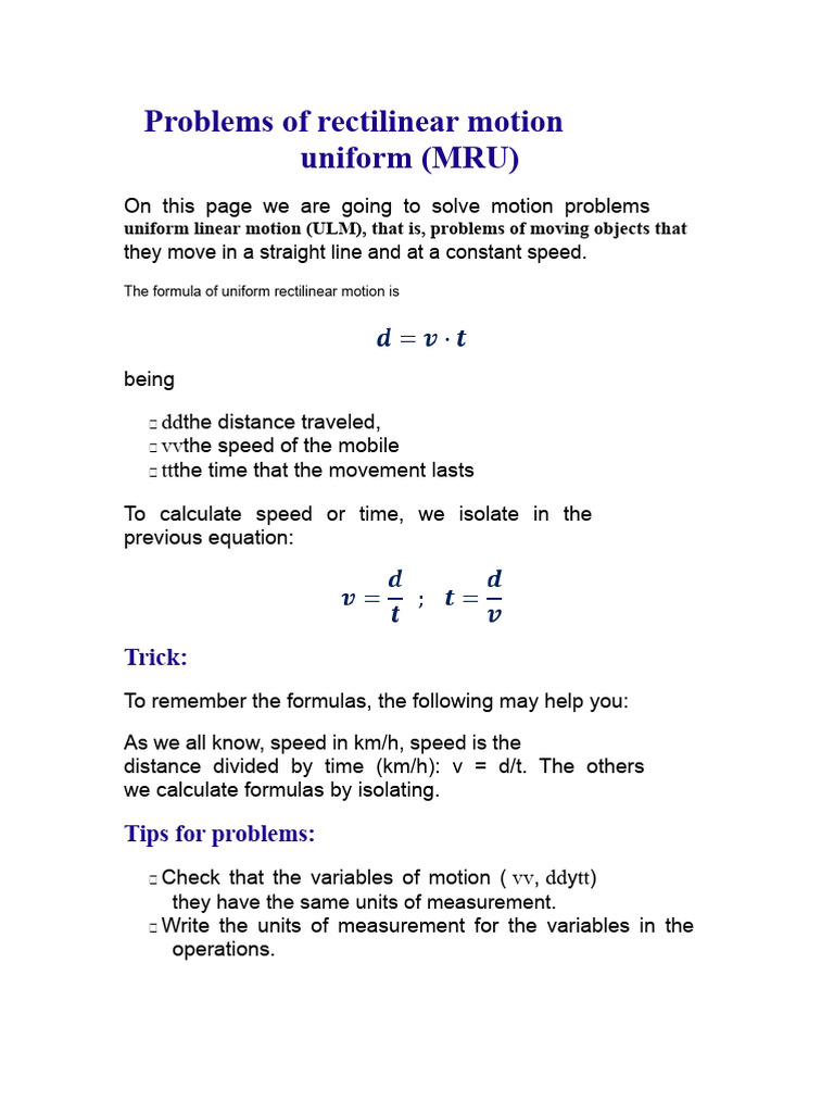 Rectilinear Motion Solved Exercises | PDF | Speed | Motion (Physics)