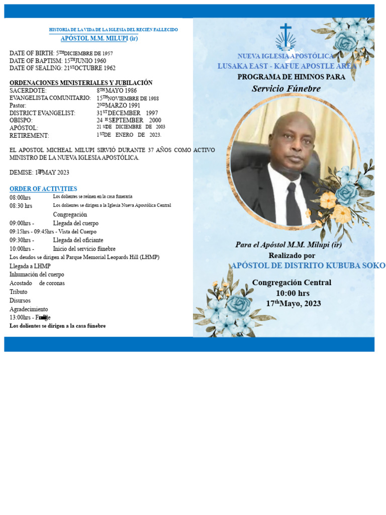 Programa de Funeral Del Apóstol Milupi v8 | PDF | Organizaciones cristianas