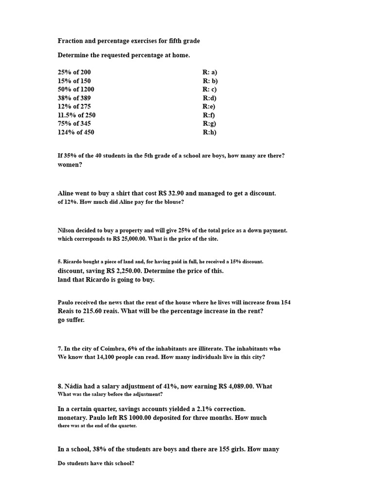 Fraction and percentage exercises for fifth grade | PDF