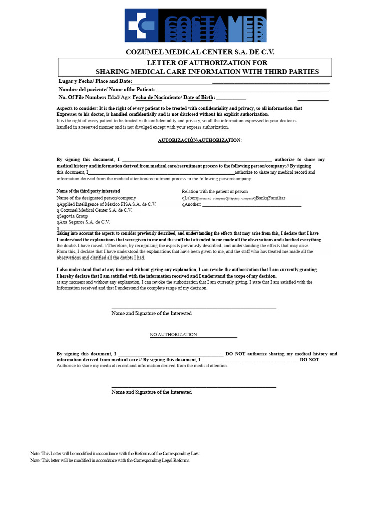 Authorization Letter To Share Medical Information With Third Parties | PDF | Justice | Crime ...