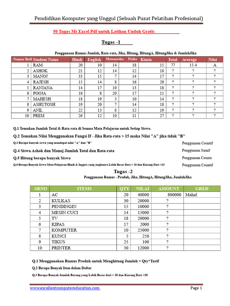 50 Tugas Ms Excel PDF Untuk Latihan Unduh Gratis | PDF