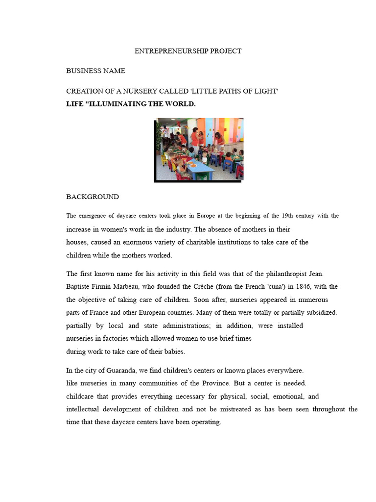 Entrepreneurship Project: Creation of A Daycare Center | PDF | Child ...