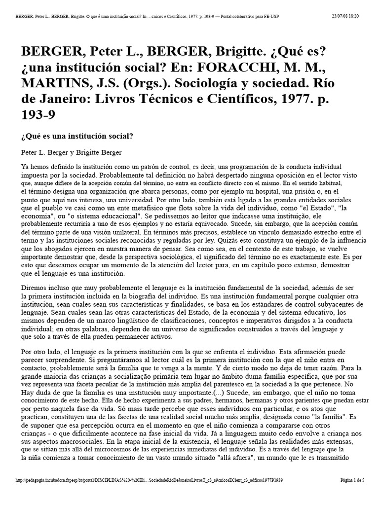 Berger, Peter L., Berger, Brigitte. ¿Qué Es Una Institución Social ...