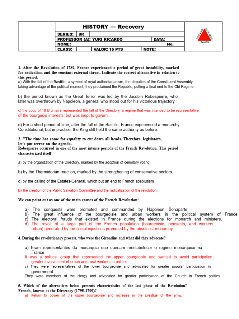 8th Grade Exam - French Revolution | PDF | French Revolution | Slavery