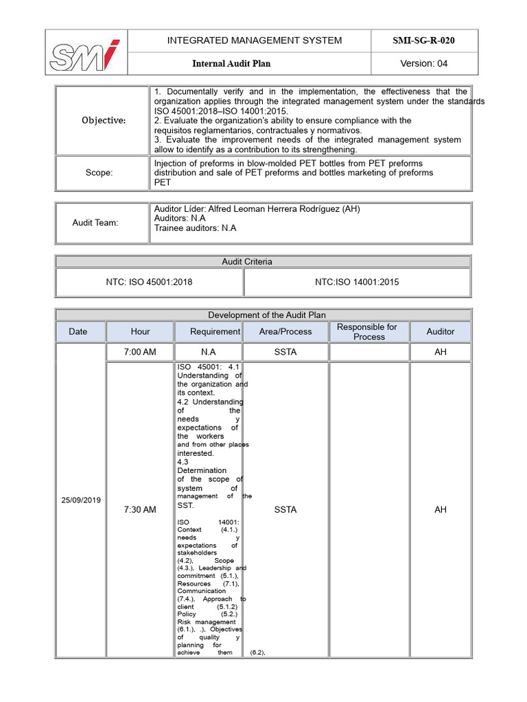 SMI-SG-R-020 Internal Audit Plan v.04 - ISO45001-ISO14001 | PDF | Audit ...