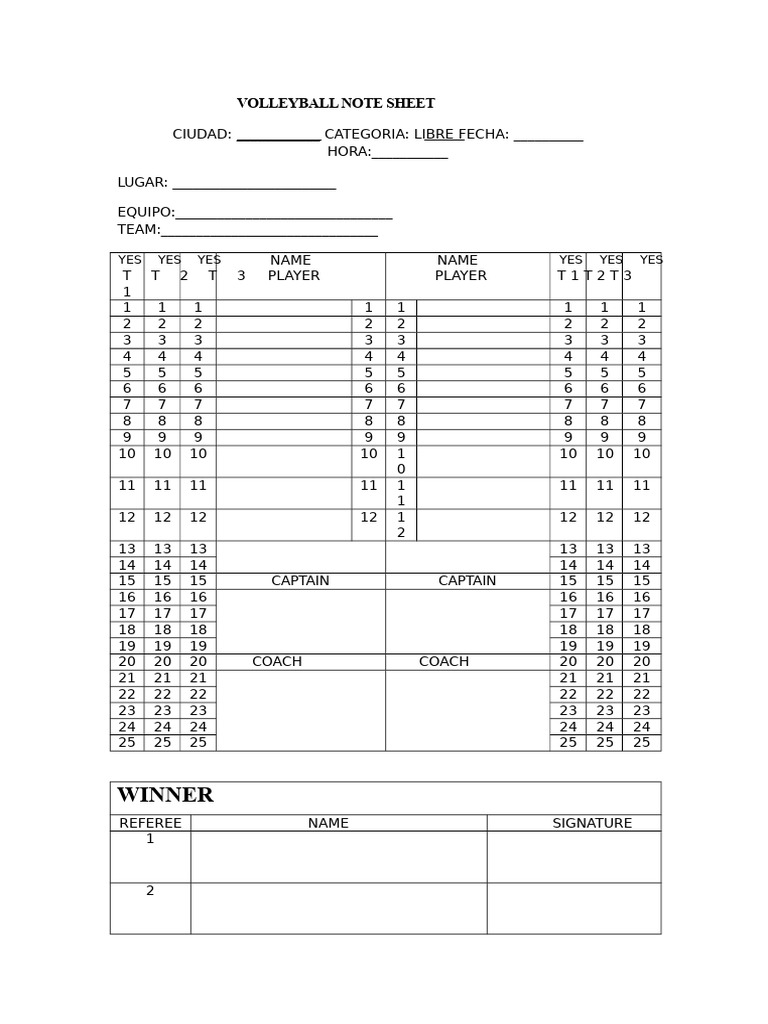 Volleyball Match Note Sheet Template | PDF