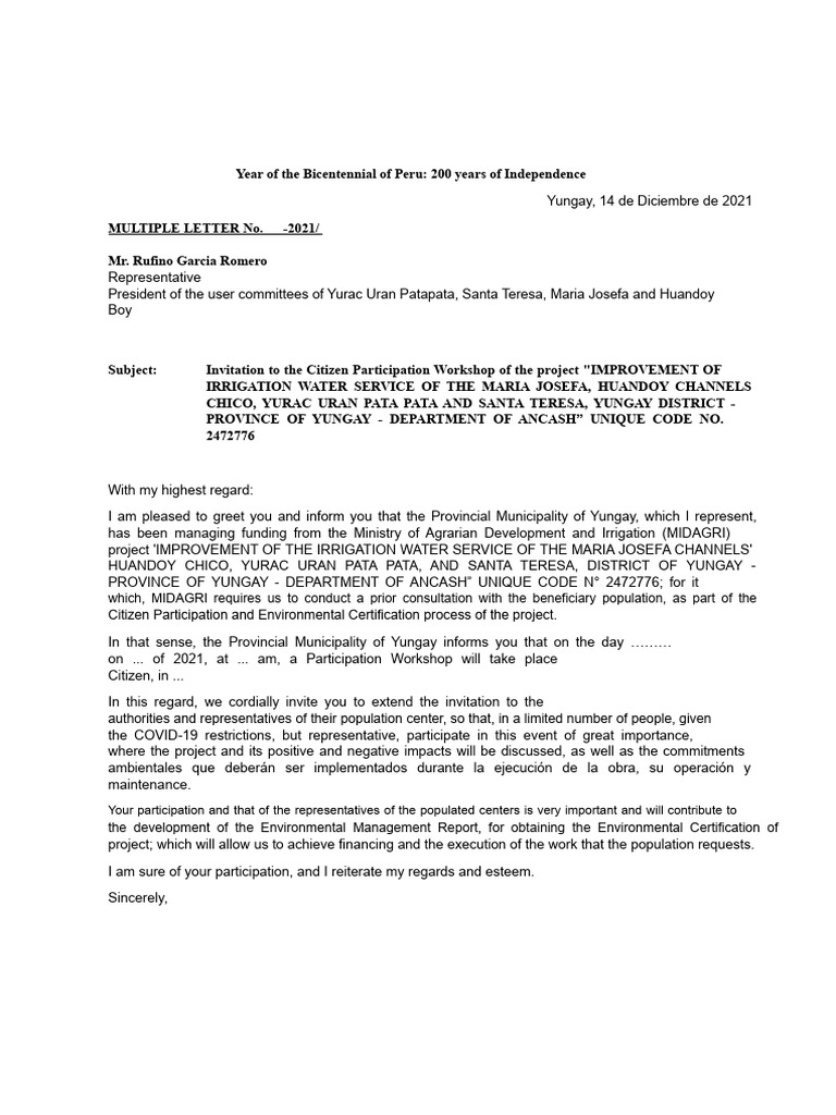 Invitation Letter Citizen Participation Workshop | PDF