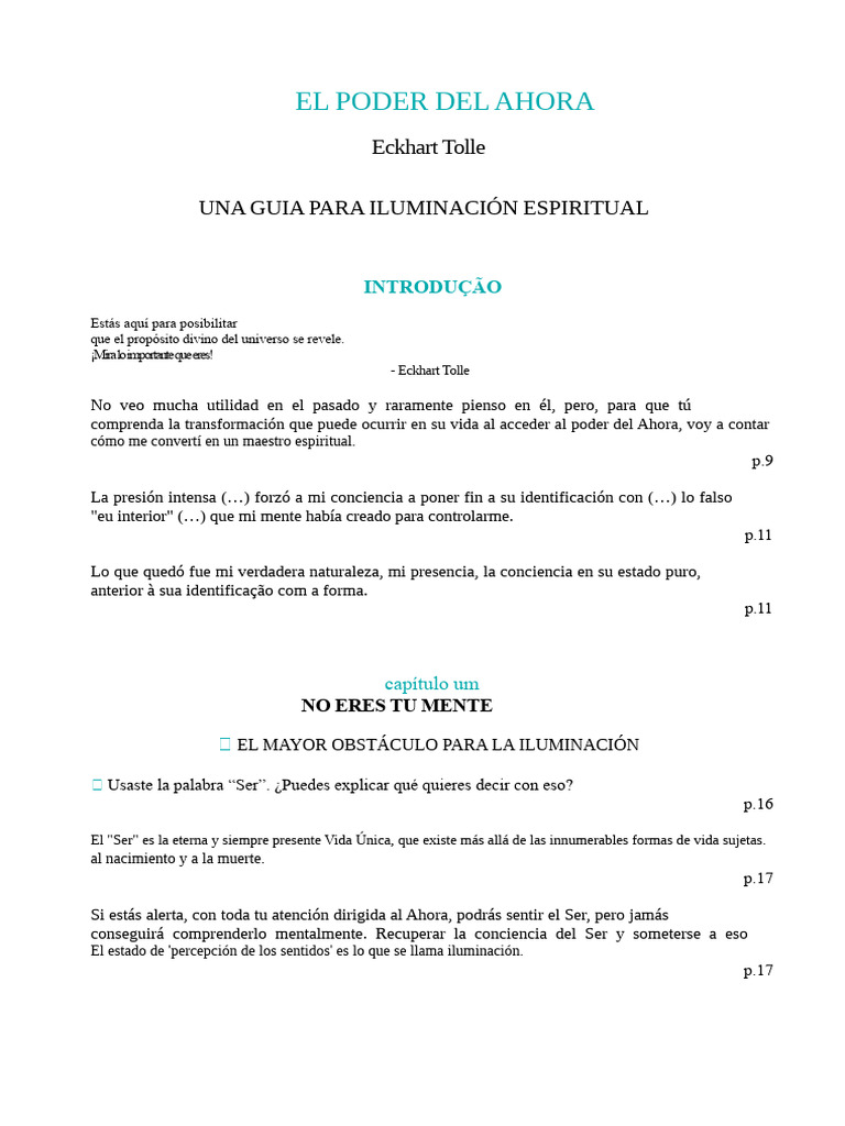 El Poder Del Ahora - Eckhart Tolle | PDF | Pensamiento | Mente