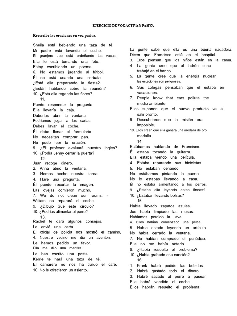 Ejercicio de Voz Activa y Pasiva | PDF