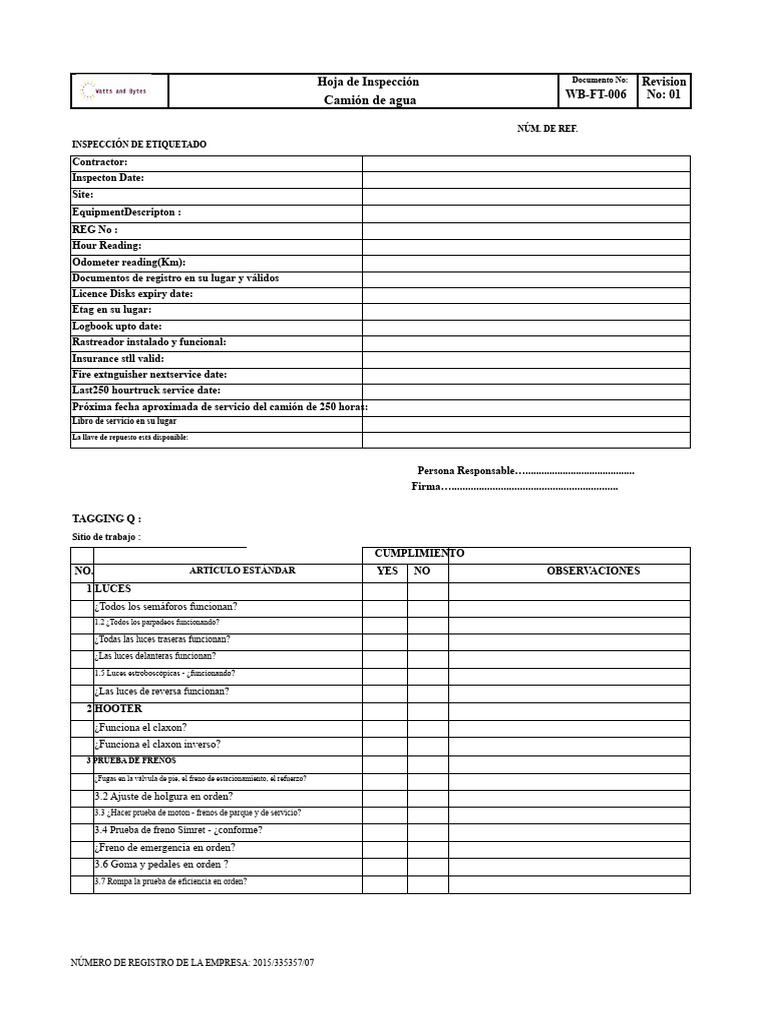 Hoja de Inspección Del Bowser de Agua WB-FT-006 | PDF | Neumático ...