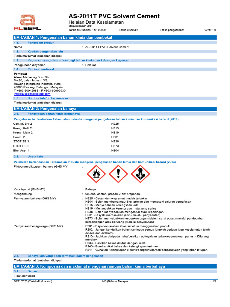 AS-2011T PVC Solvent Cement - SDS - MY - MS - 1.0 | PDF