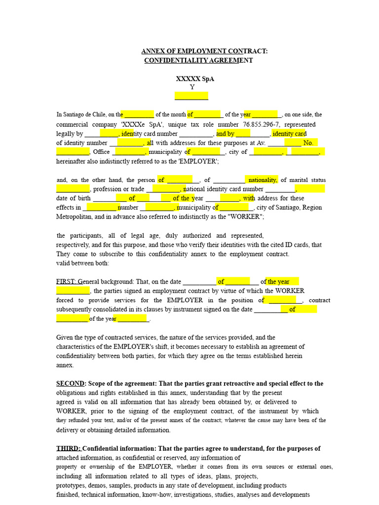 Annex of Employment Contract - Confidentiality - Framework Model | PDF ...