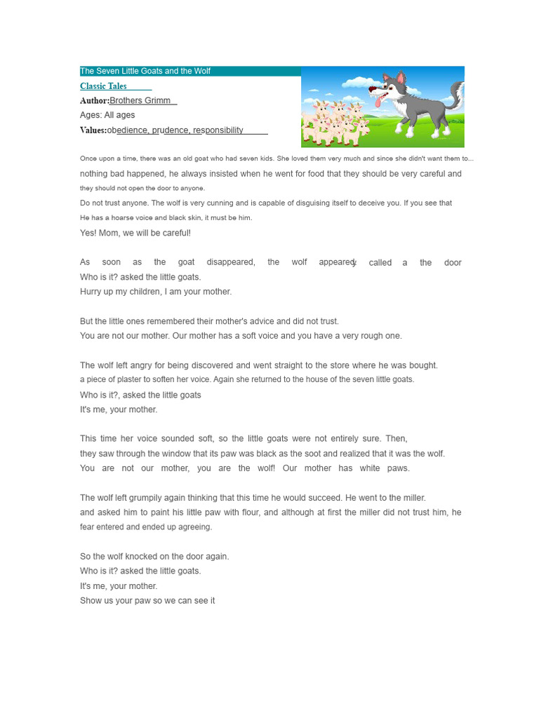 The Seven Kids and The Wolf | PDF | Fairy Tales | Folklore