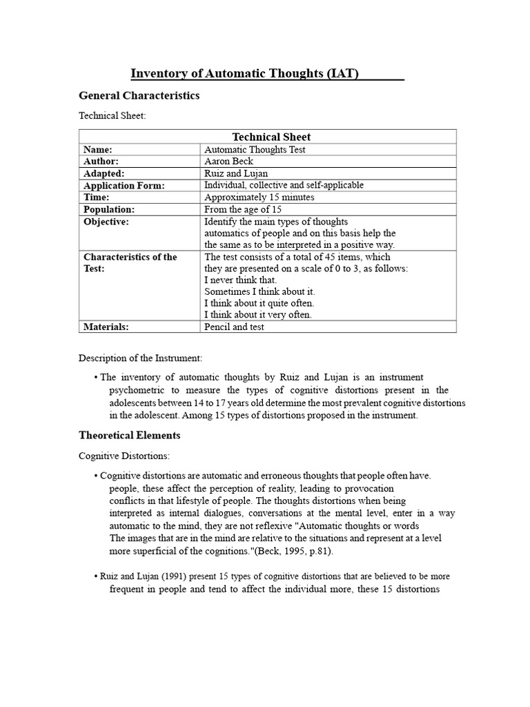 Automatic Thoughts Inventory Overview | PDF | Thought | Psychology