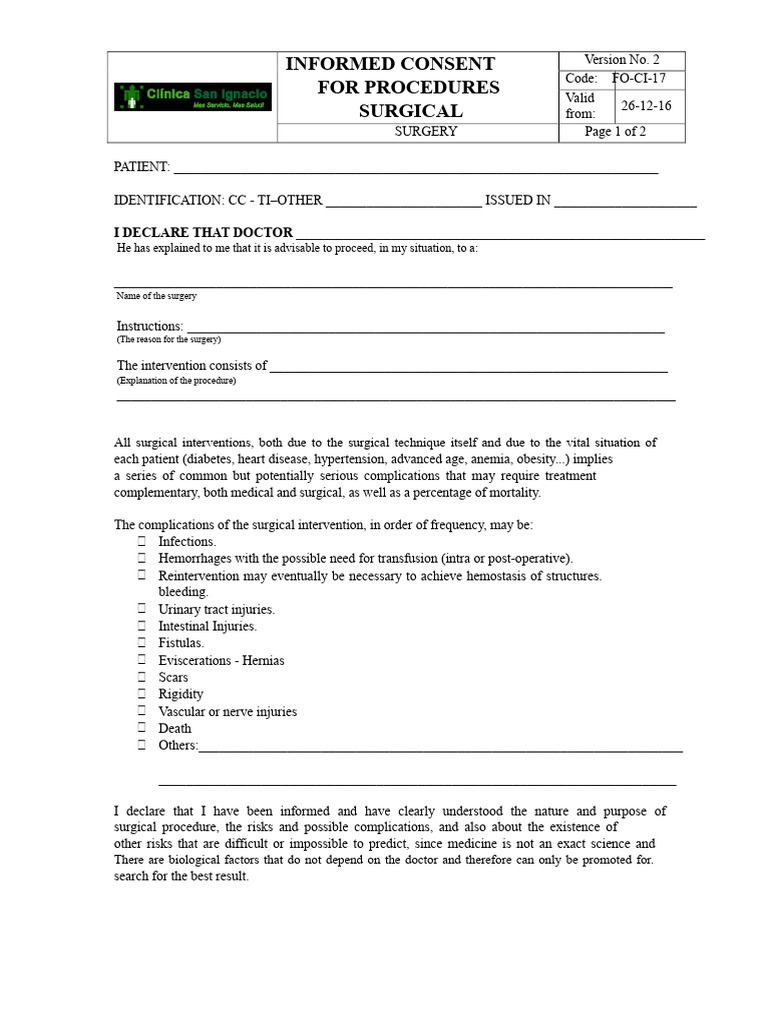 FO-CI-17 INFORMED CONSENT FOR SURGICAL PROCEDURES | PDF | Surgery ...
