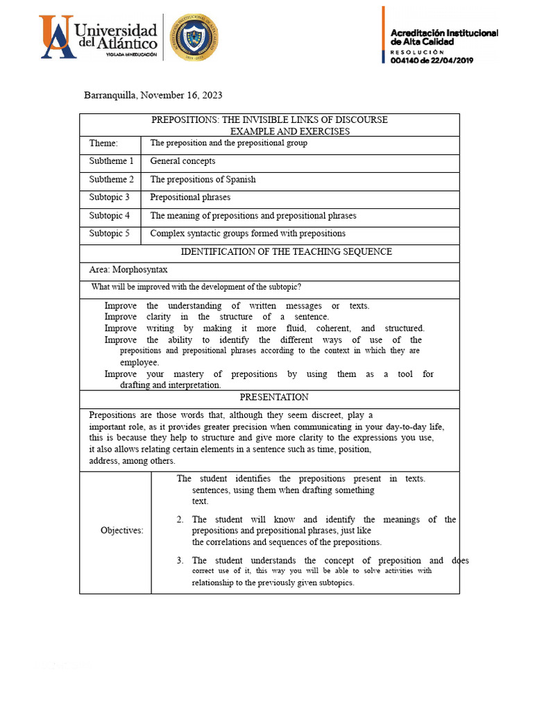 Didactic Sequence - The Preposition and The Prepositional Group | PDF ...