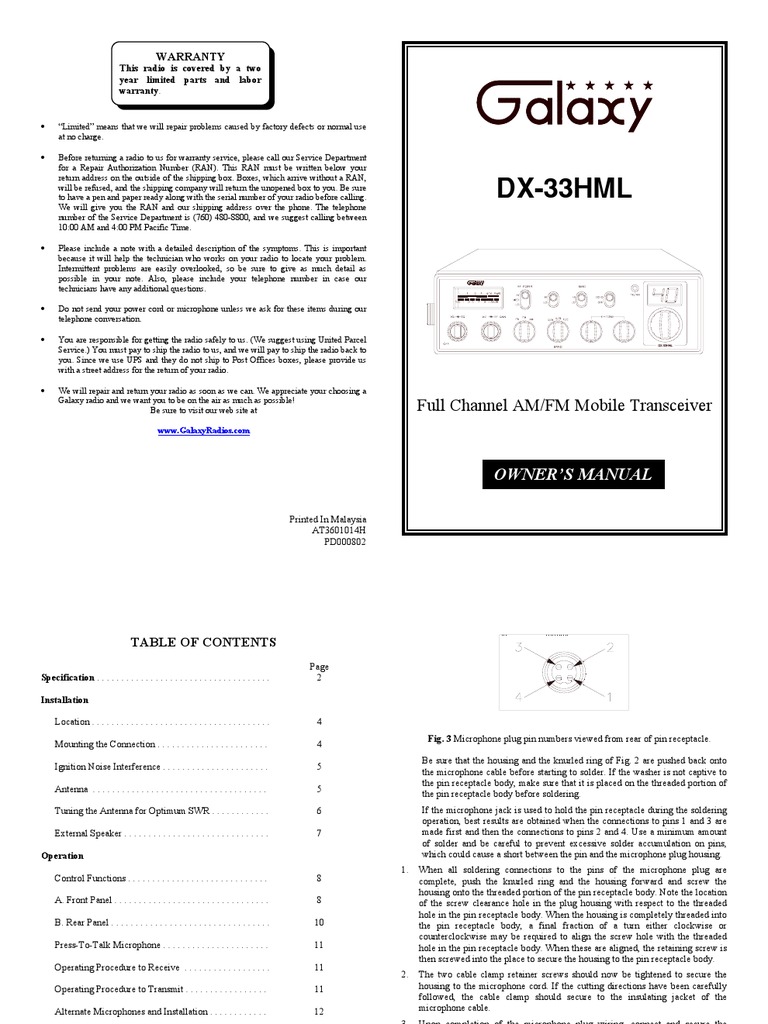 Galaxy Owners Manual Dx33hml | PDF | Microphone | Electrical Connector