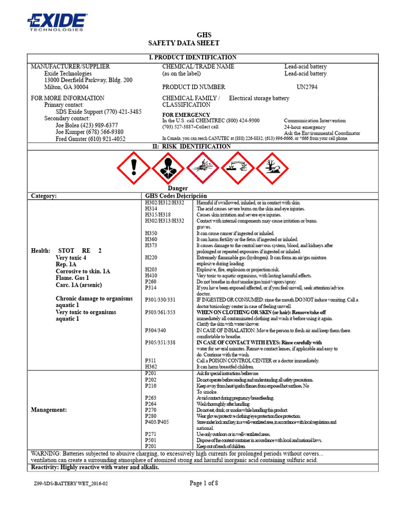 Exide Lead-Acid Battery Safety Data Sheet | PDF | Lead | Arsenic