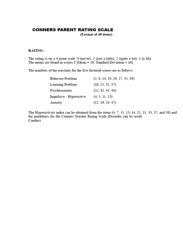Conners Parent Rating Scale Overview | PDF | Attention Deficit ...
