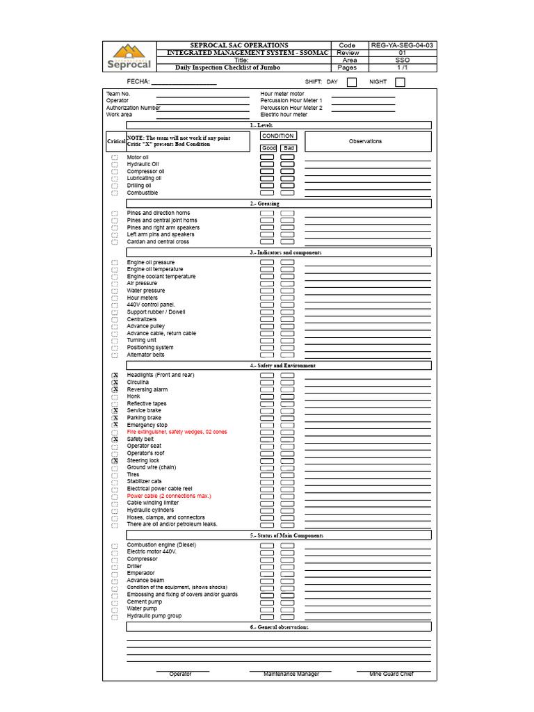 Daily Inspection Checklist For Jumbo Equipment | PDF | Engines | Pump