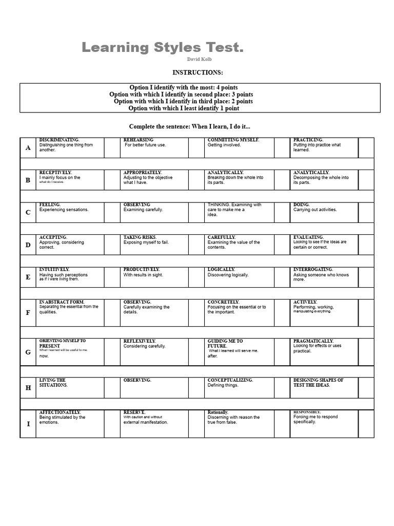 Kolb Learning Styles Test Completed | PDF | Learning Styles | Cartesian ...