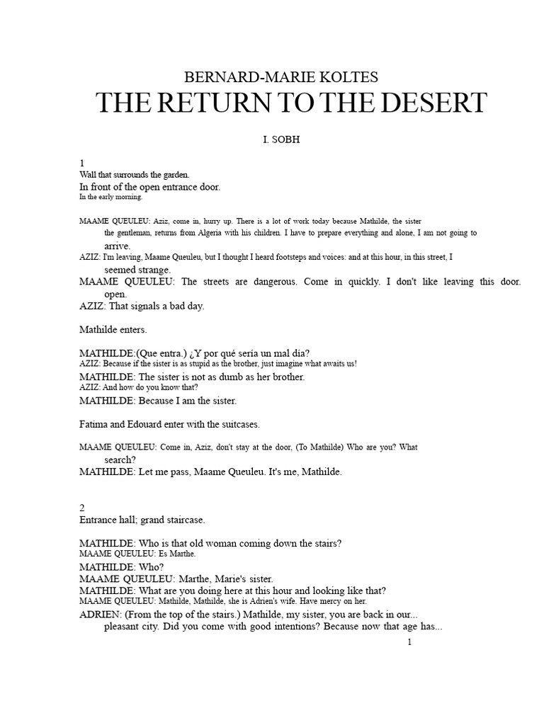 Koltès Bernard Marie - The Return To The Desert | PDF | Our Lady Of Fátima